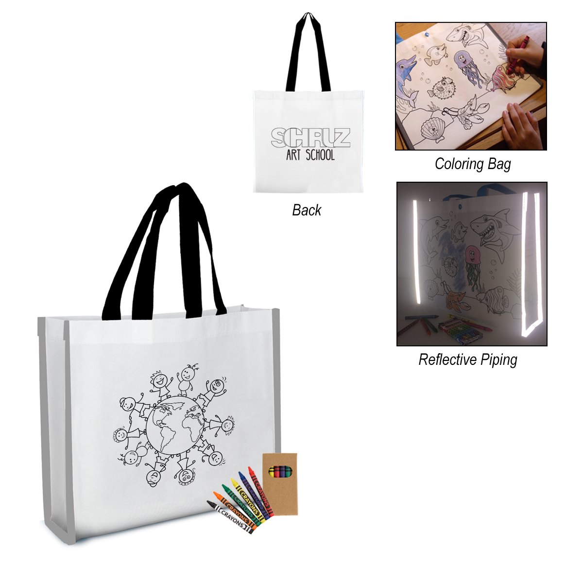 #3685 Reflective Non-Woven Coloring Tote Bag With Crayons - Hit ...